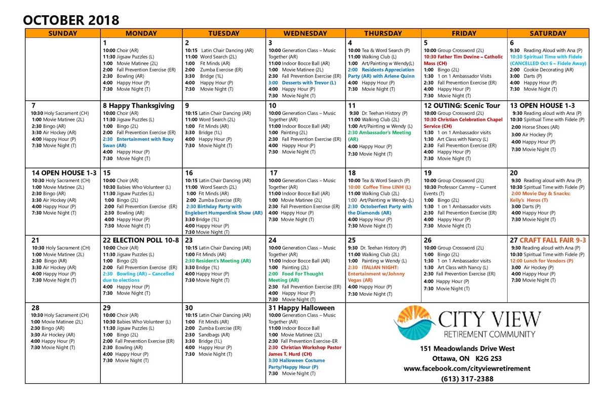 October Activity Calendar - City View Retirement Community