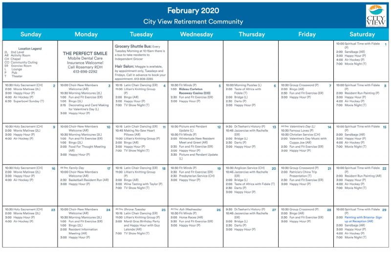 Activities Calendar - City View Retirement Community
