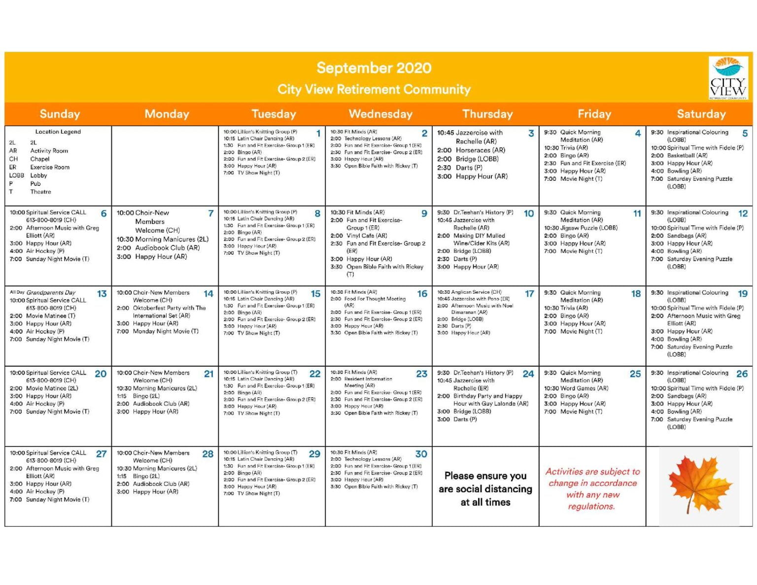 Activities Calendar - City View Retirement Community